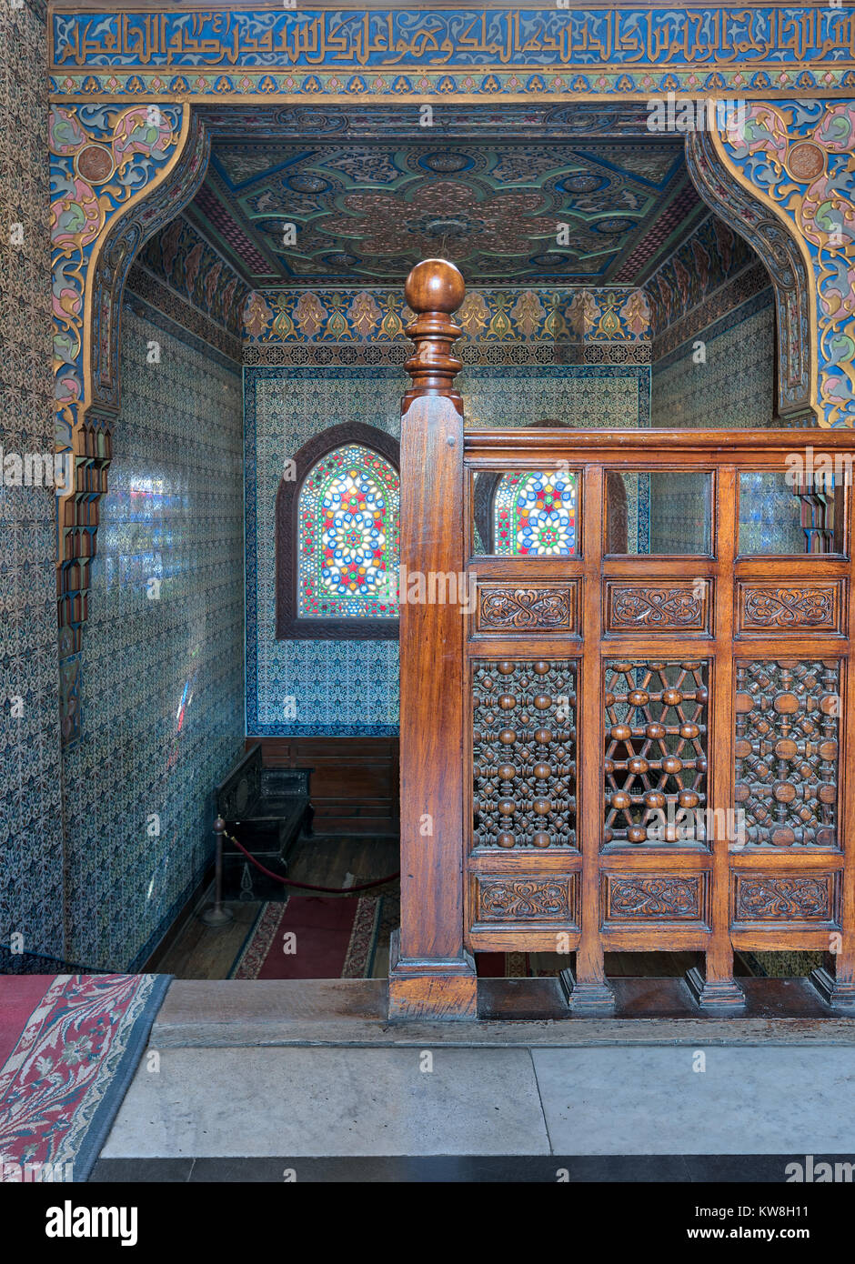 Wooden staircase, decorated wooden balustrade, Turkish ceramic tiles ...