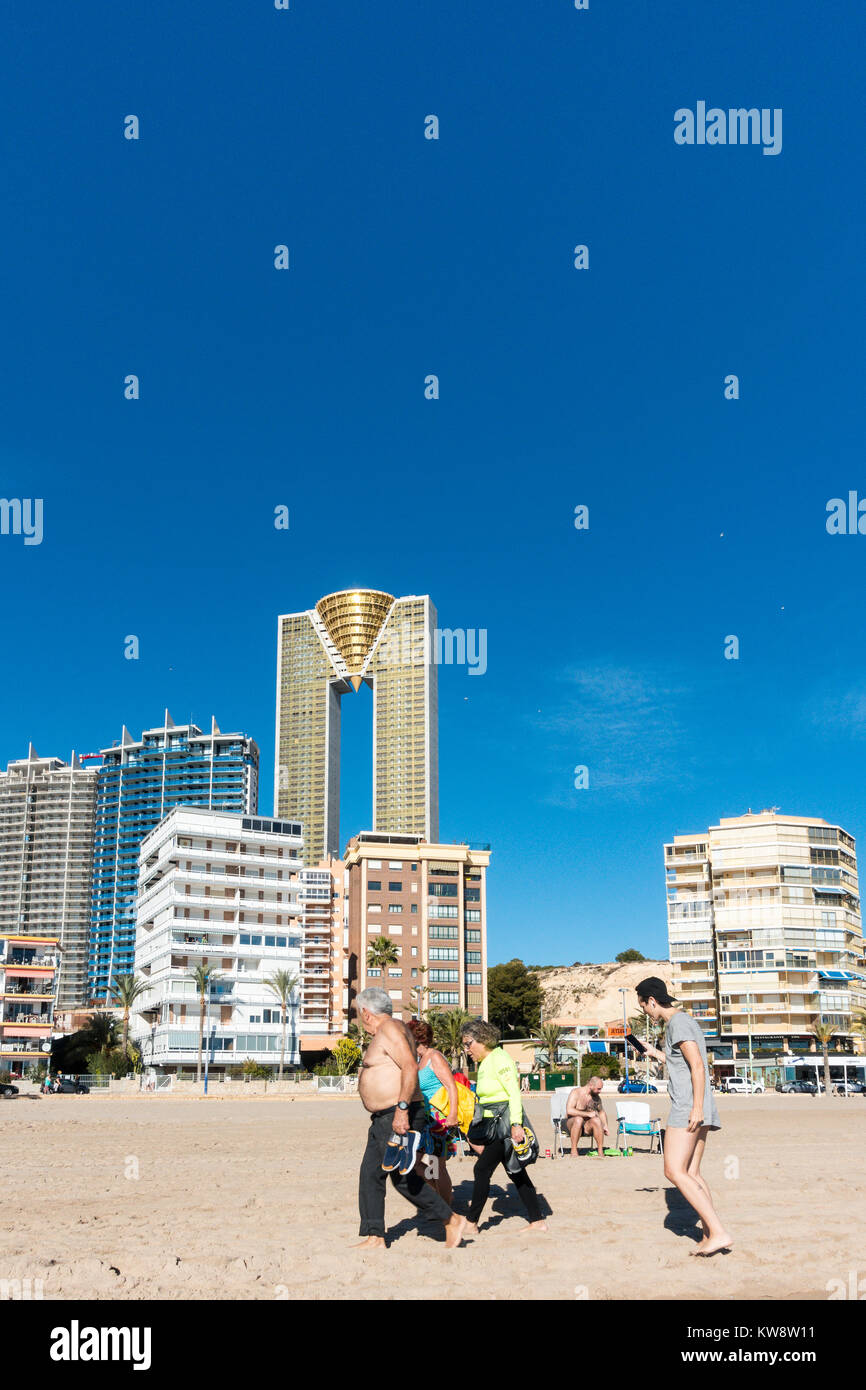 Poniente Beach, Benidorm, Costa Blanca, Spain, 30 December 2017. Blue ...