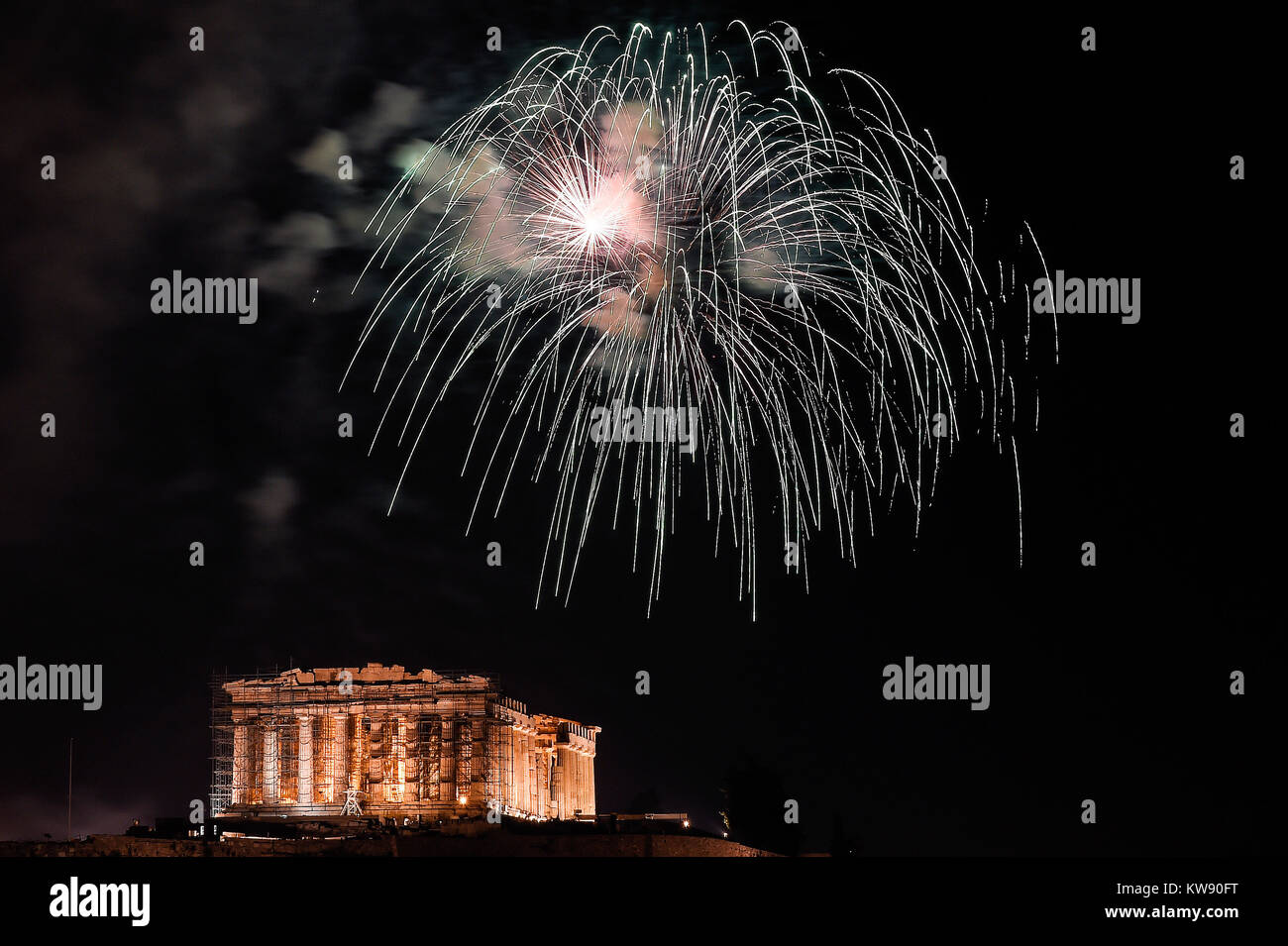 Athens, Greece. 01st Jan, 2018. Fireworks explode over the acropolis in ...