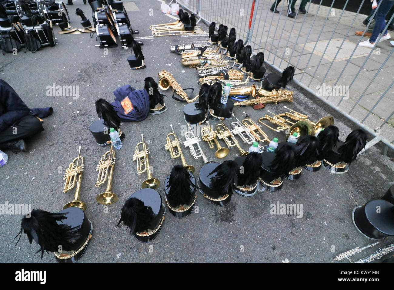 London, UK. 1st Jan, 2018. Marching band musical instruments laid out ...