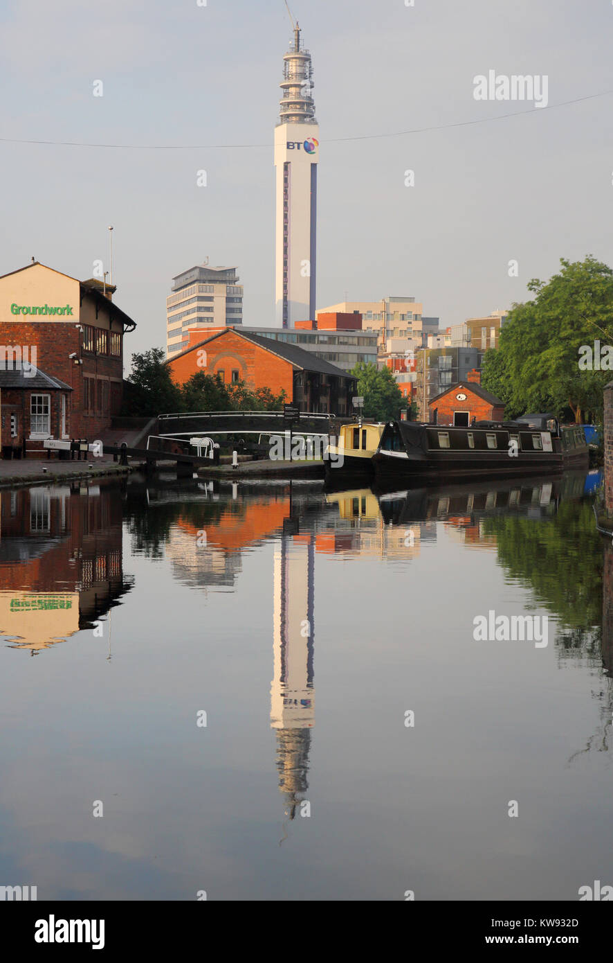 BT telecom tower reflected in the canals of birmingham Stock Photo - Alamy