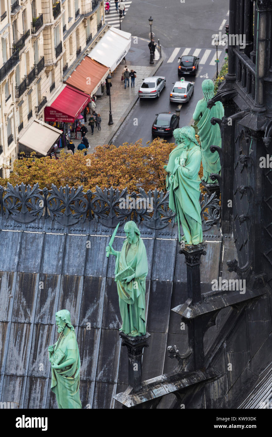 Looking down from the towers of Notre Dame to the statues of the ...