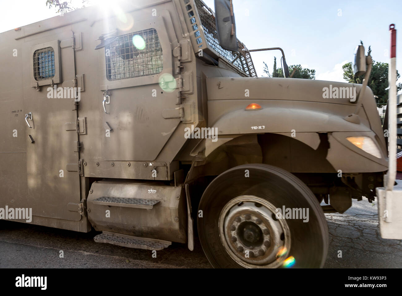 Hebron, Palestine, November 7 2010. Israeli military car patroling ...