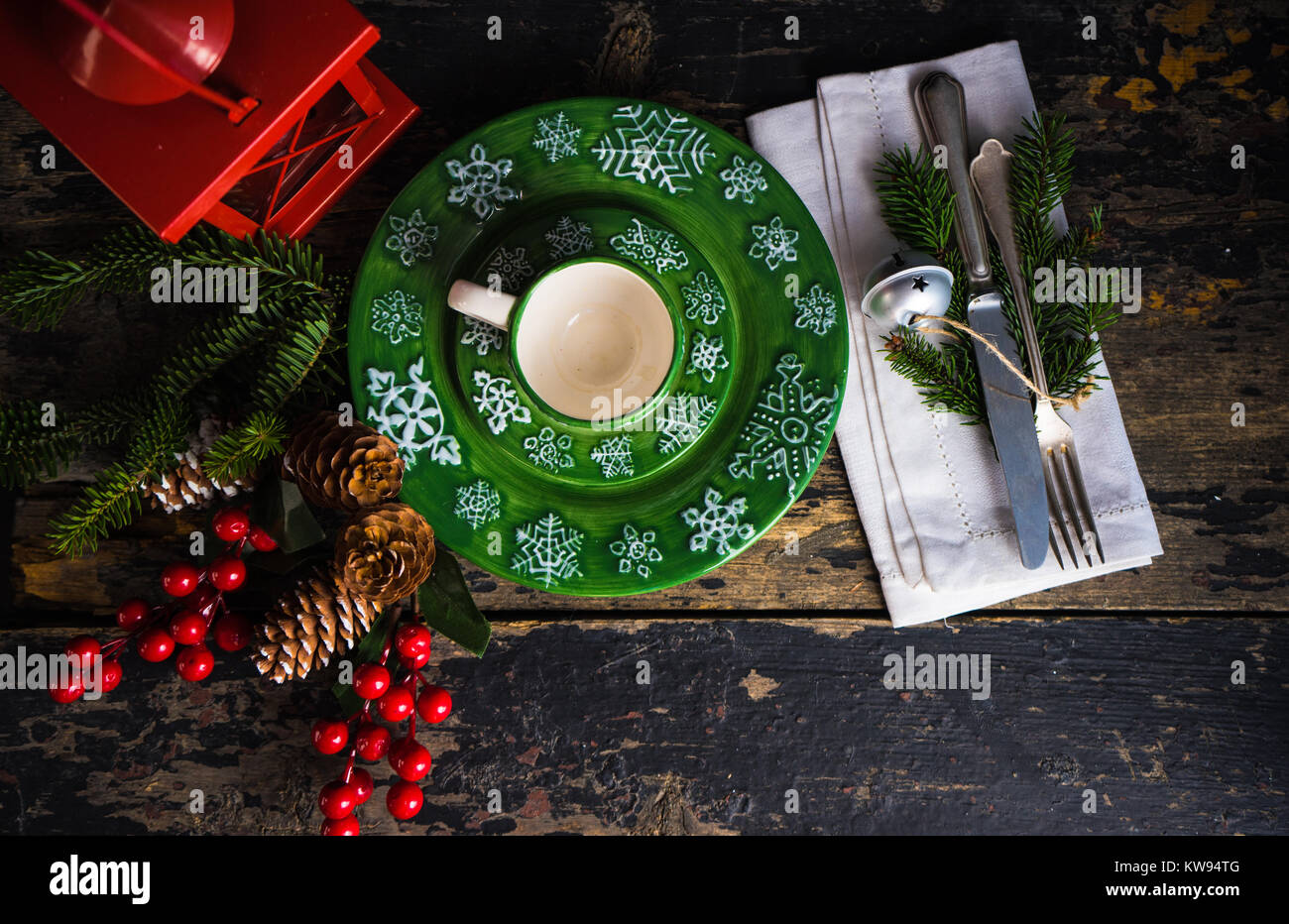 Festive table setting for holiday Christmas dinner on rustic background ...