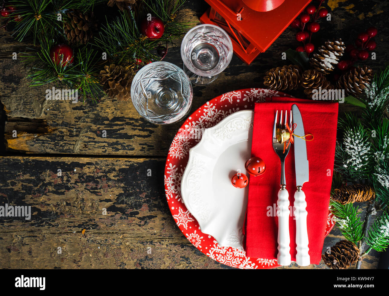 Festive table setting for holiday Christmas dinner on rustic background ...