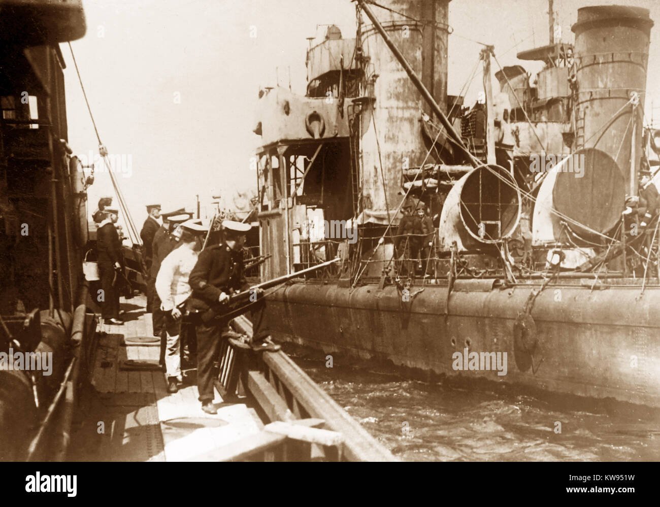 British Boarding Party alongside a German warship, Scapa Flow, Orkney ...