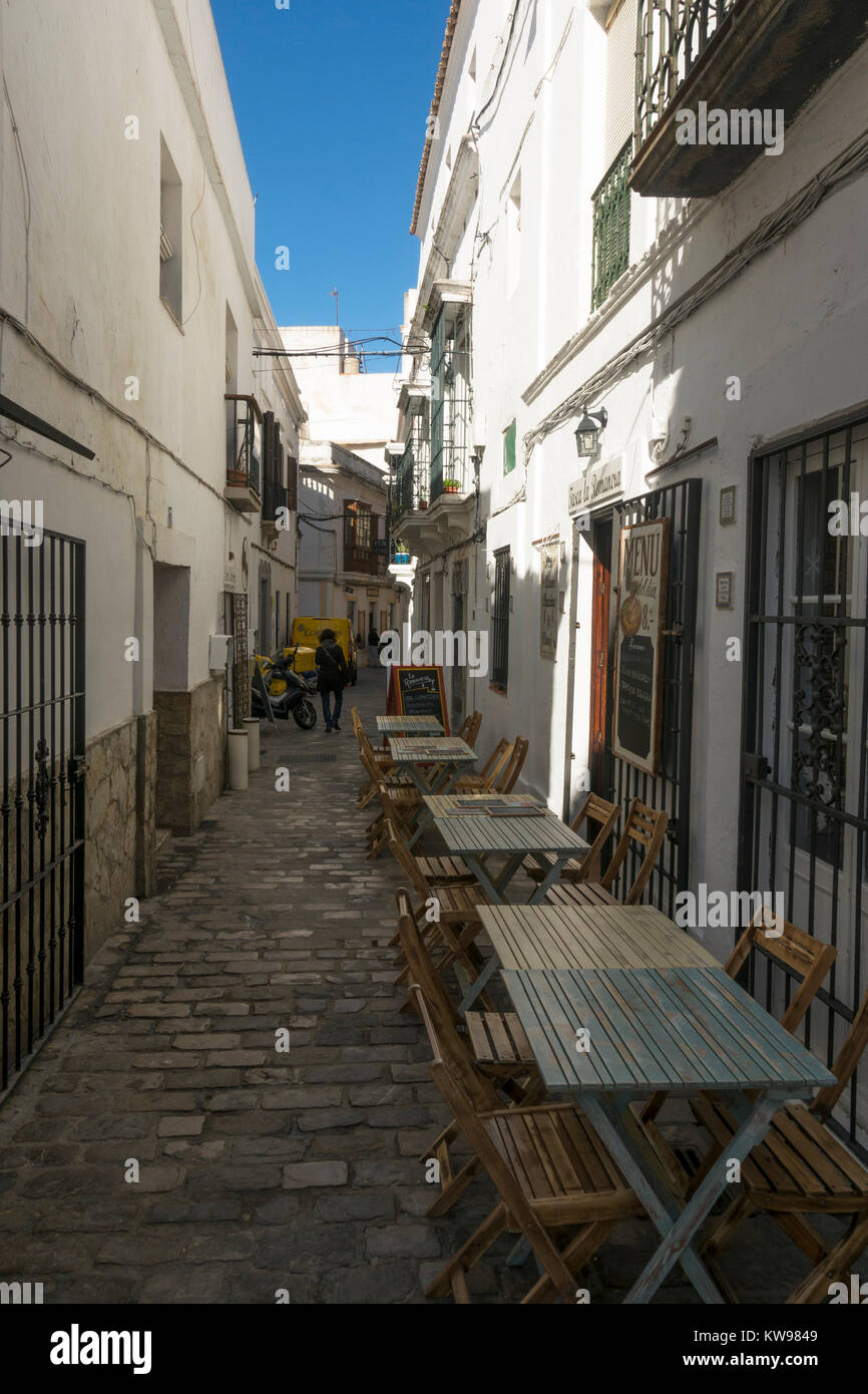 Tarifa Spain, Narrow street in white andalusian village of Tarifa ...