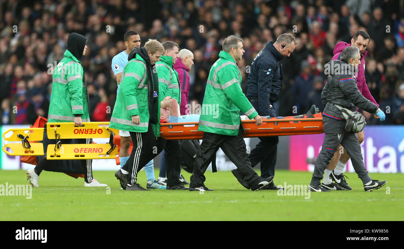 Manchester City's Kevin De Bruyne is taken of on a stretcher off during ...