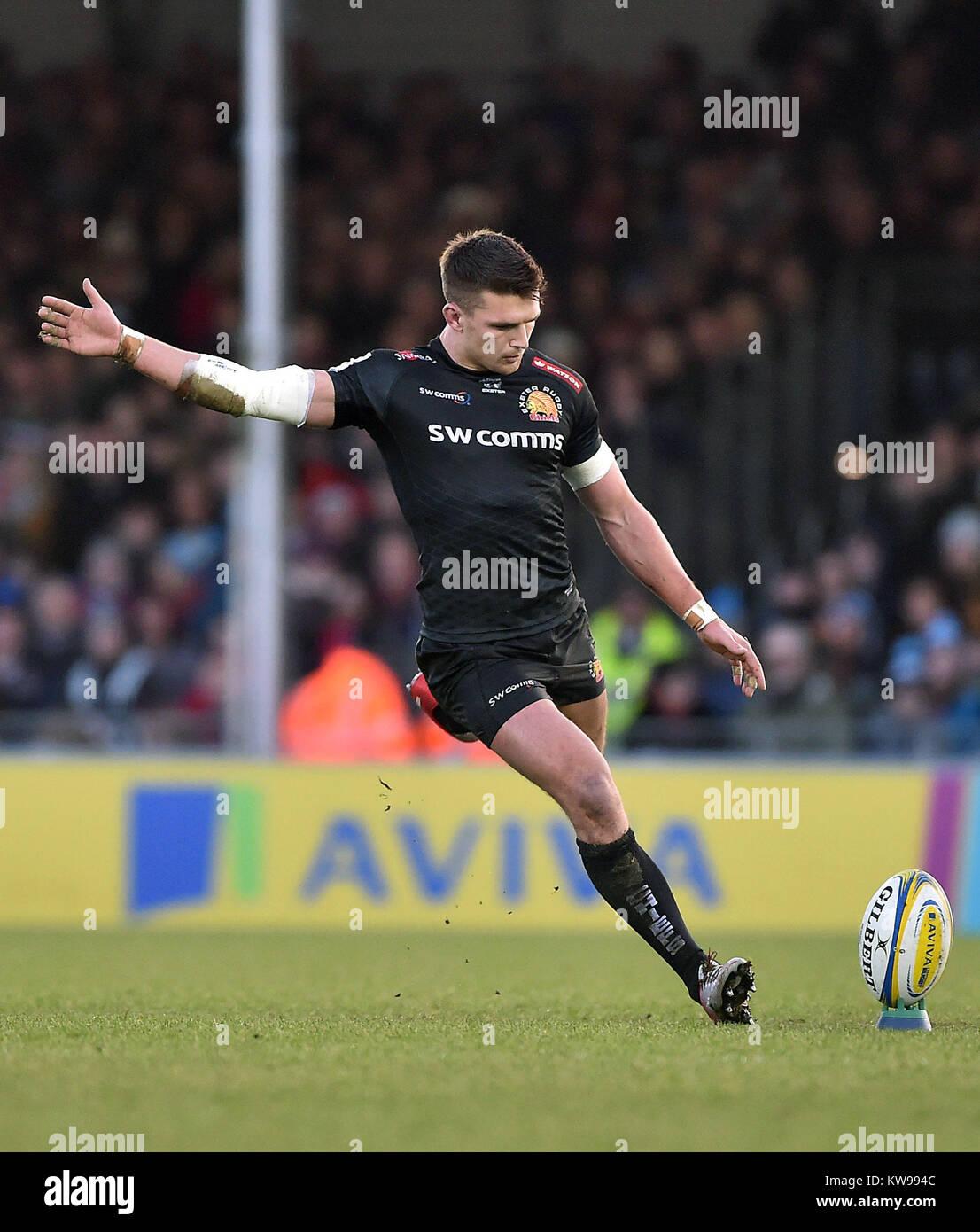 Exeter's Henry Slade kicks the first points of the game during the ...