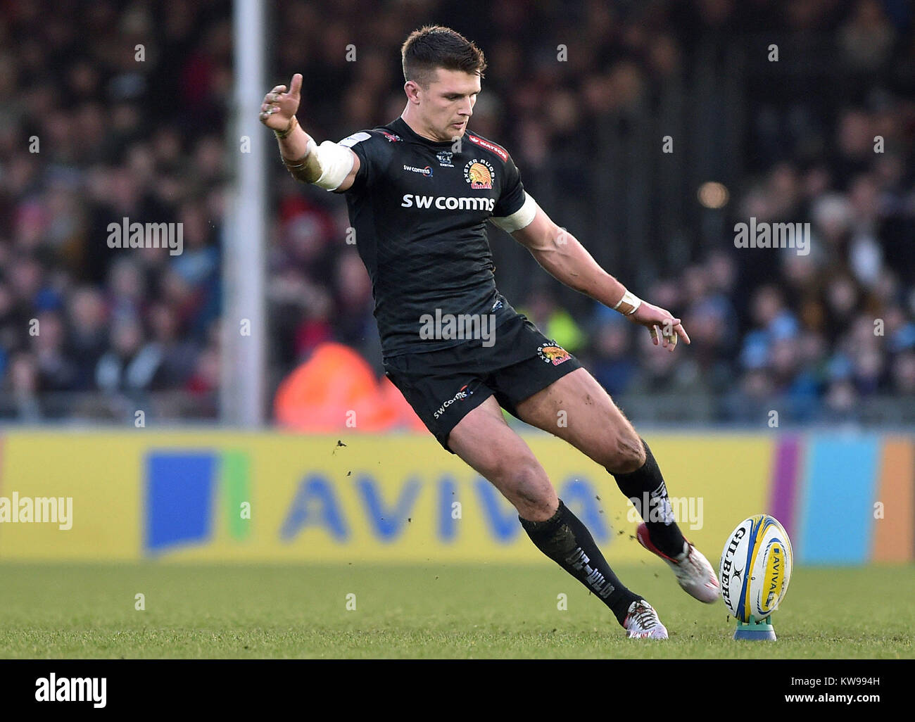 Exeter's Henry Slade kicks the first points of the game during the ...