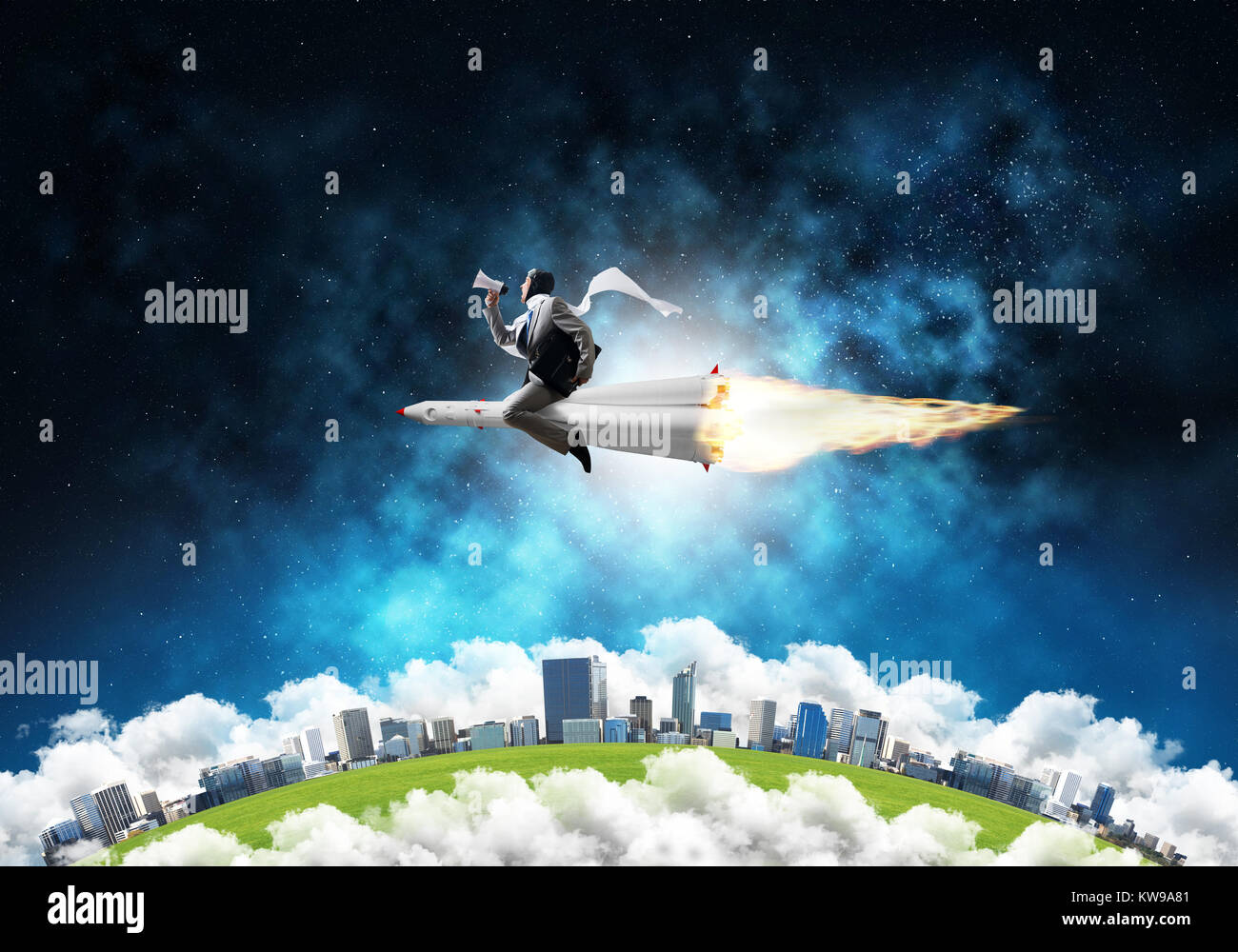 Conceptual image of young businessman in suit flying on rocket with ...
