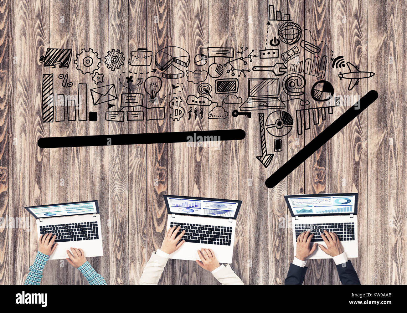 Group of people with devices in hands working together as symbol of ...