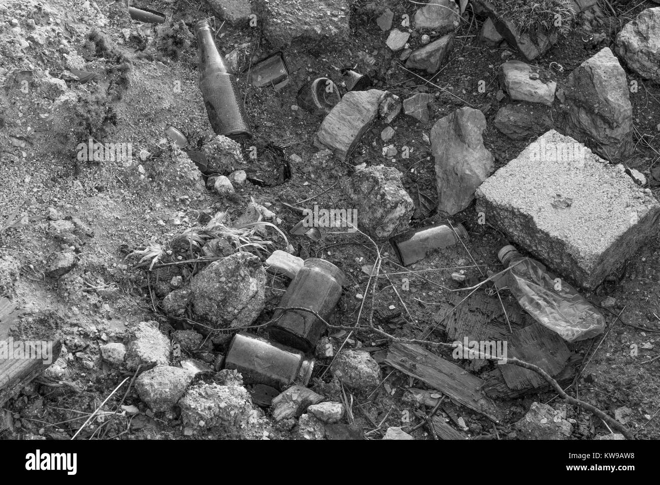 Black and white image (colour conversion) of bottles and other building ...