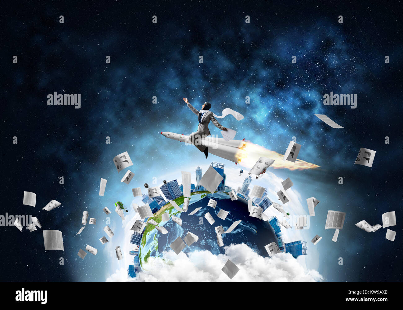 Conceptual image of young businessman in suit flying on rocket among ...