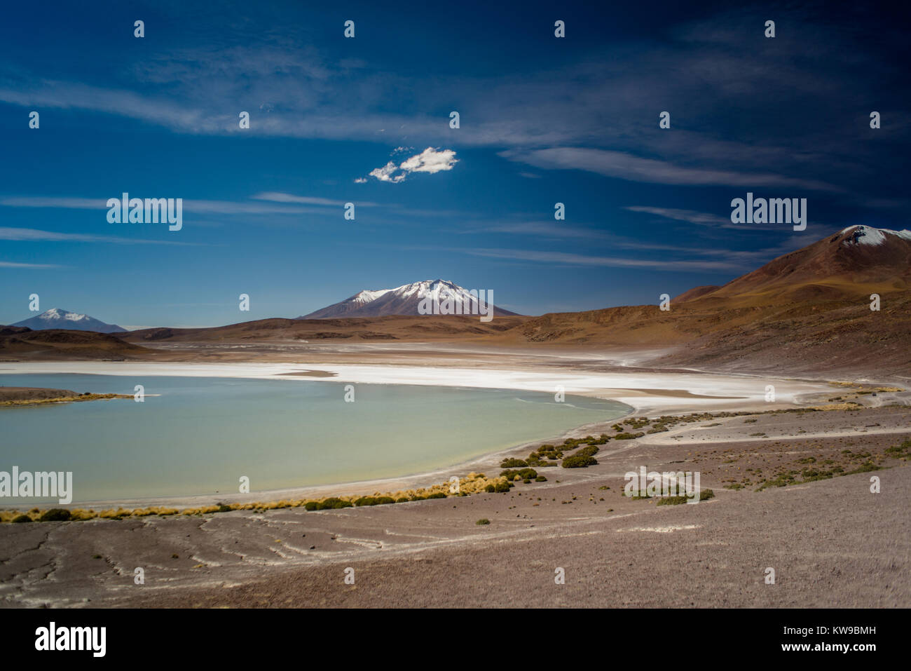 Green lagoon scenery during dessert crossing with a 4x4 car in Uyuni ...