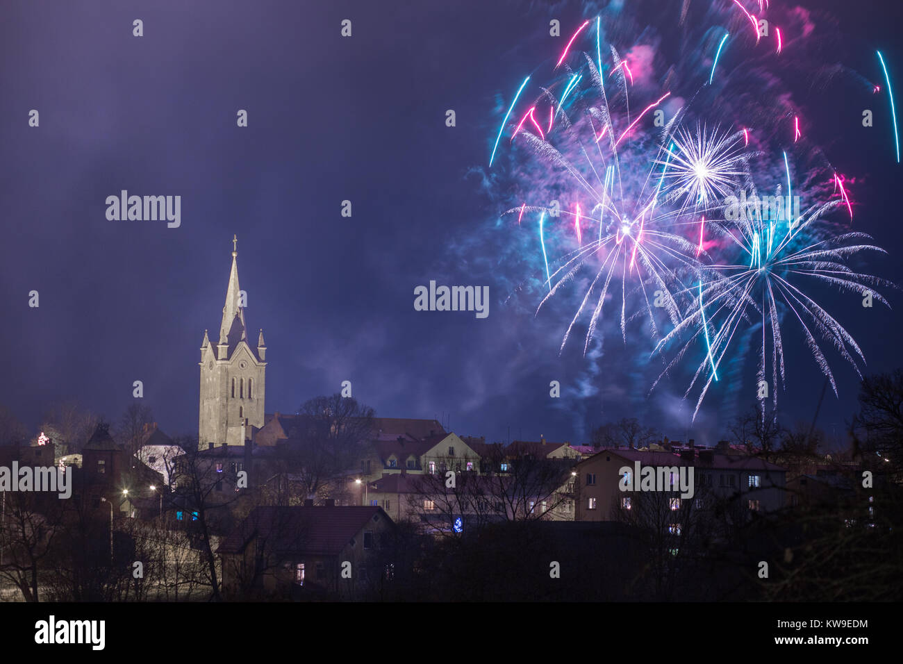 New year 2018. City view at Cesis, Latvia. Big masonry church is in ...