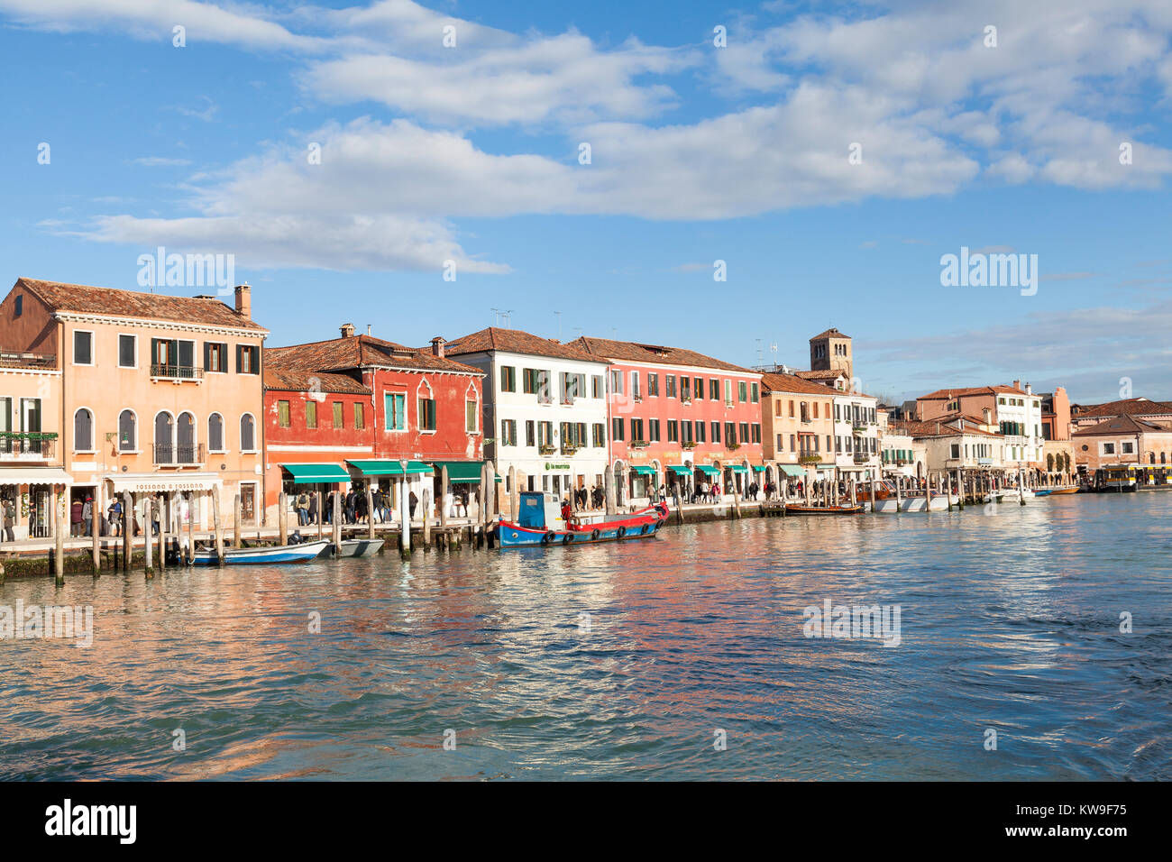 Murano Island, Venice, Italy, view along Riva Longa on a sunny winter ...