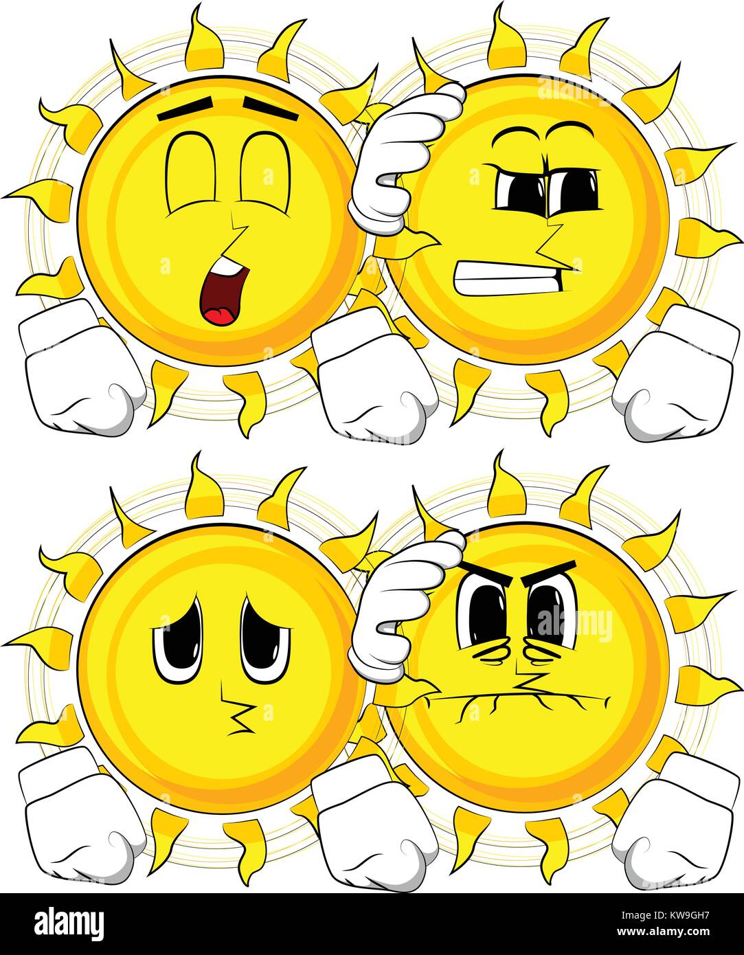 Cartoon sun comforting another sun. Collection with sad faces ...