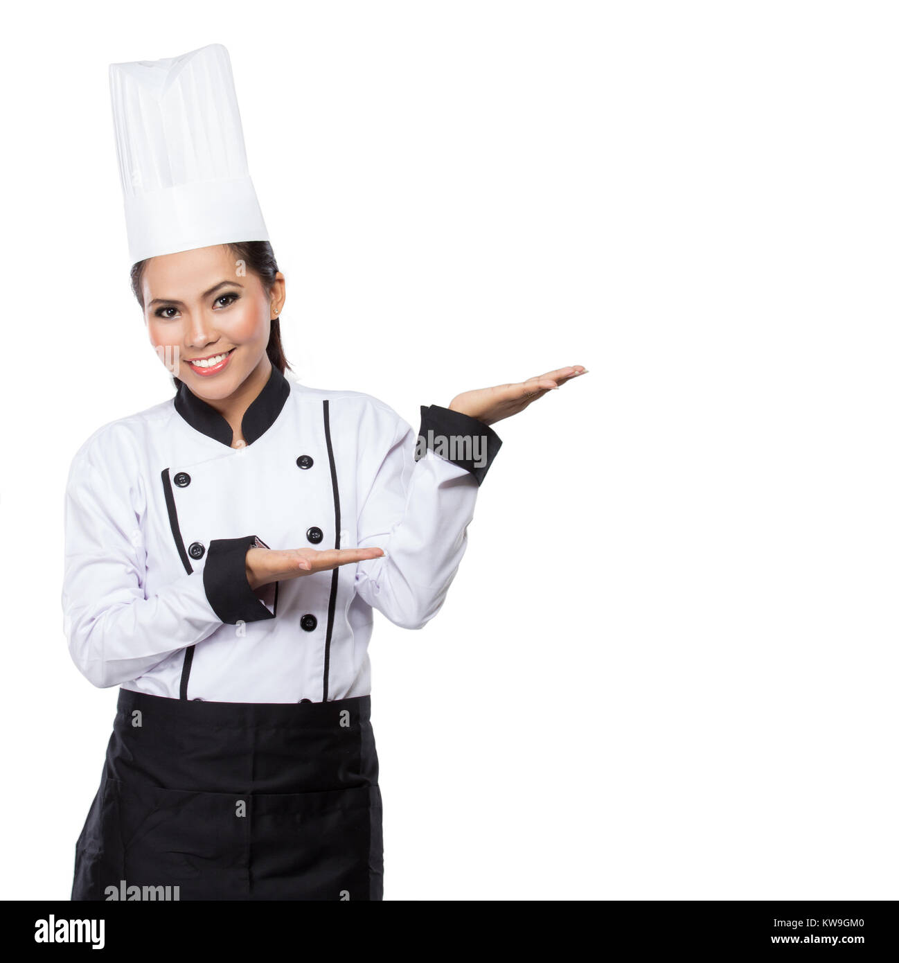 house wife or chef showing and presenting. Woman chef isolated on white ...