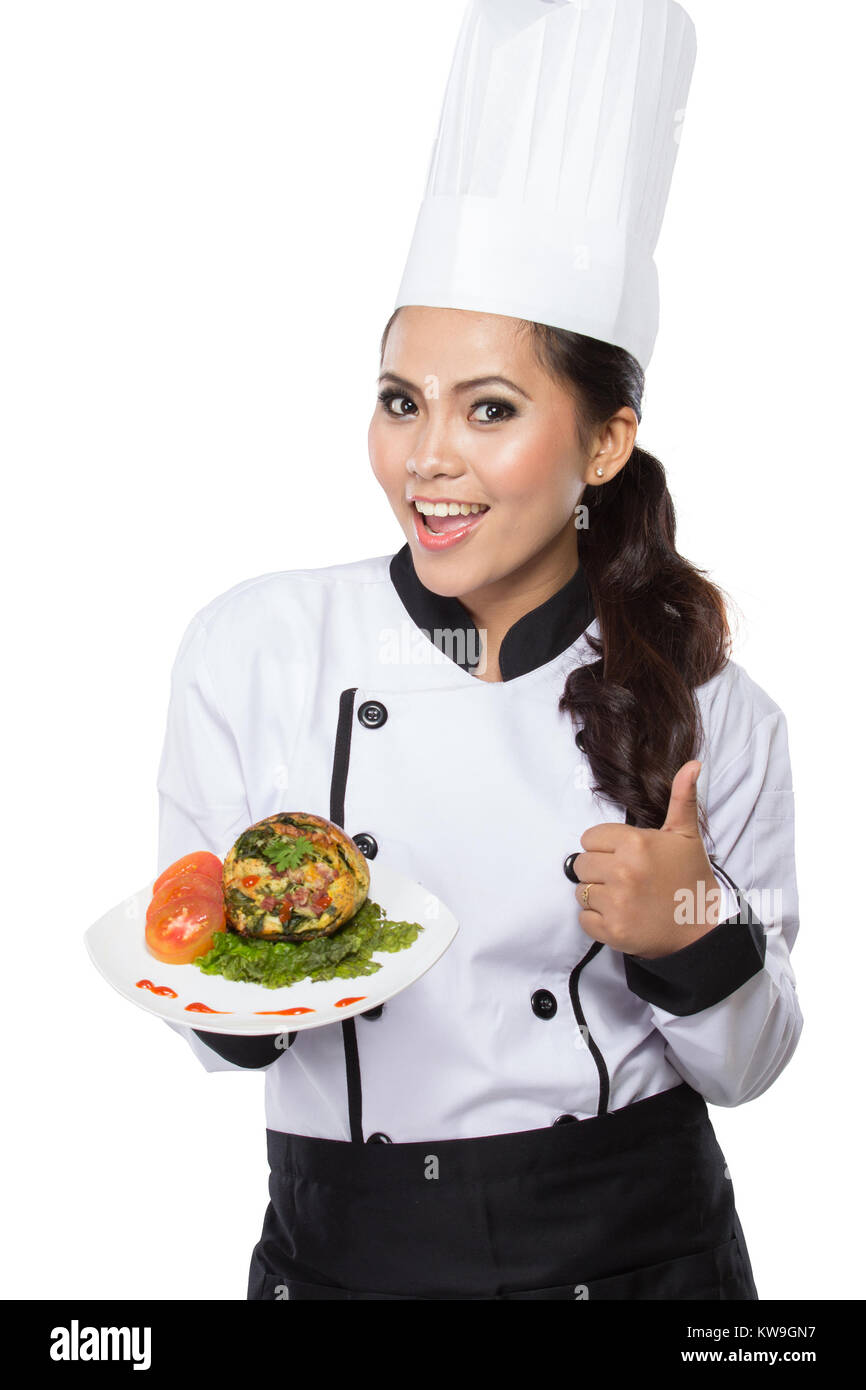 portrait of beauty woman Chef hold a plate and presenting dessert Stock ...