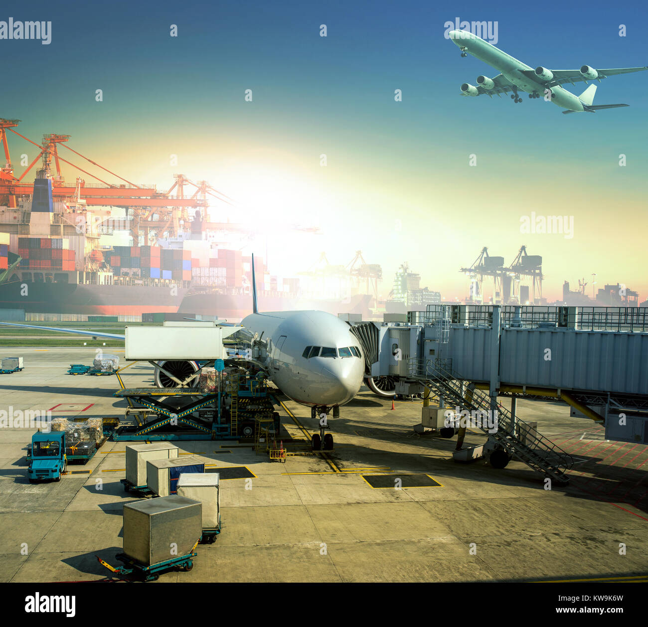 cargo plane loading commercial goods against large logistic ,shipping ...