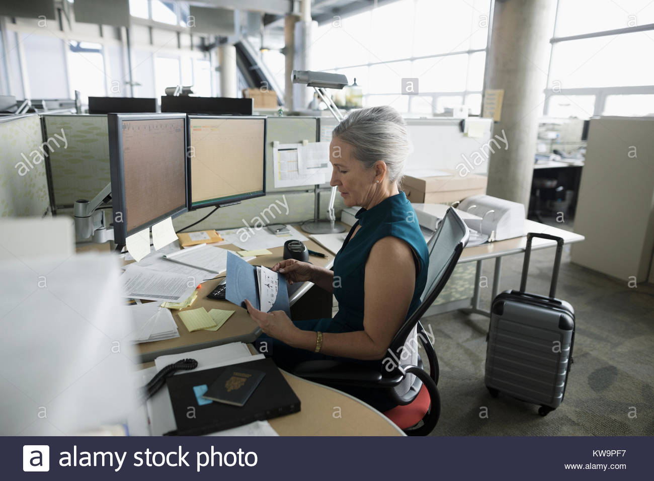 Mature businesswoman working at desk in office cubicle Stock Photo - Alamy