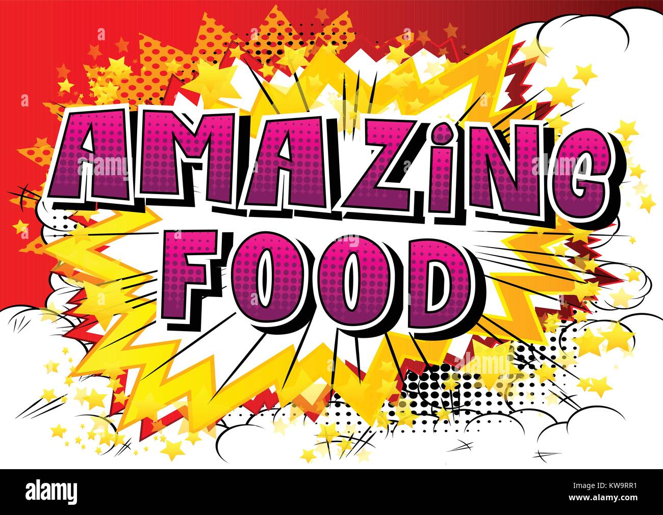Amazing Food - Comic book style phrase on abstract background Stock ...