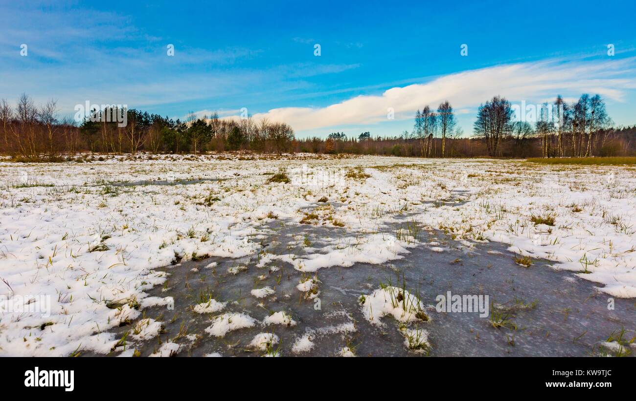 Winter meadows with snow and frozen puddle Stock Photo - Alamy