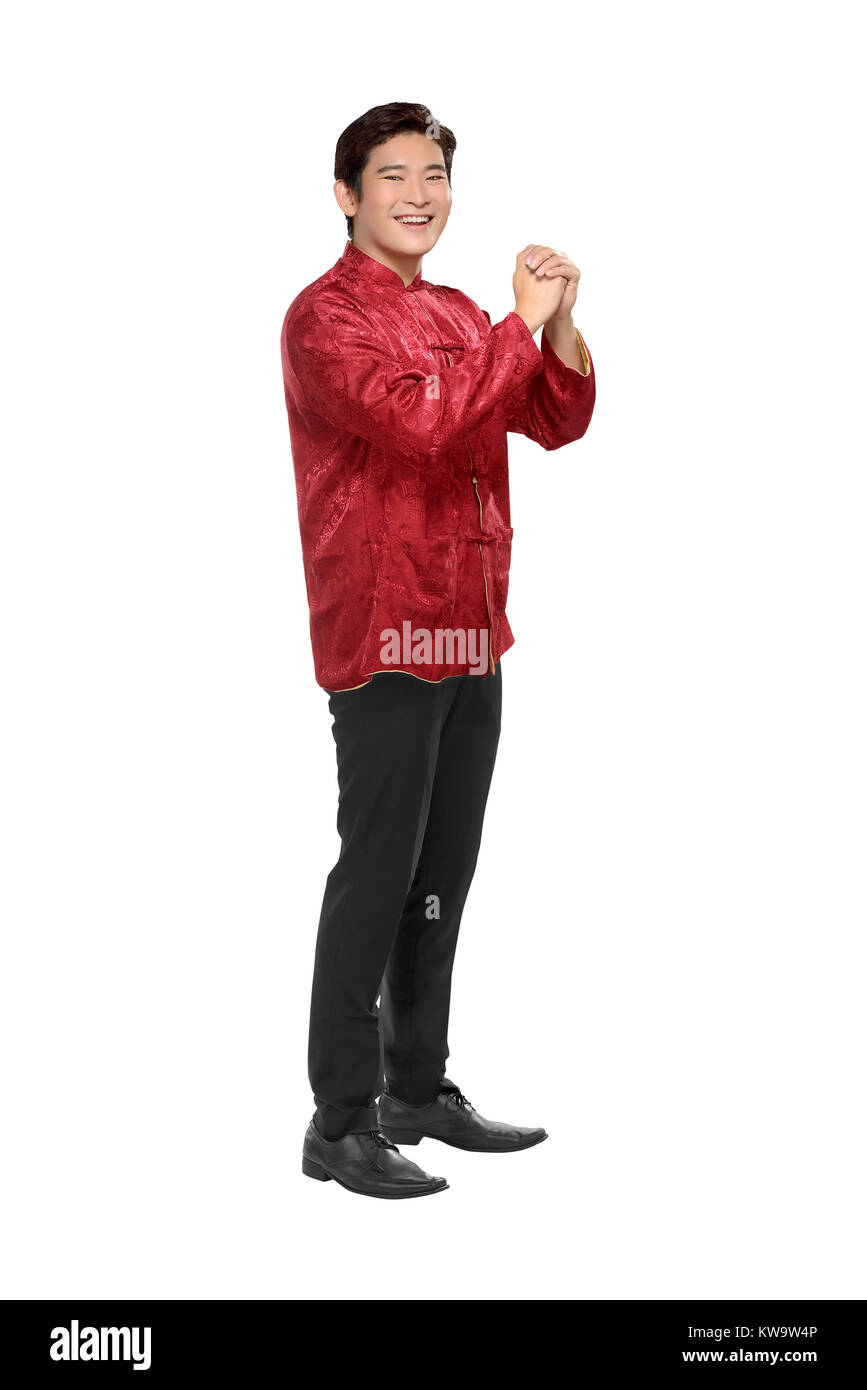 Portrait of chinese man in traditional clothes with hand gesture posing ...