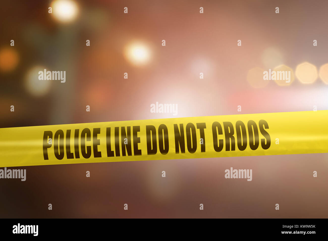 Yellow police line tape sign for protection crime scene with blurred ...