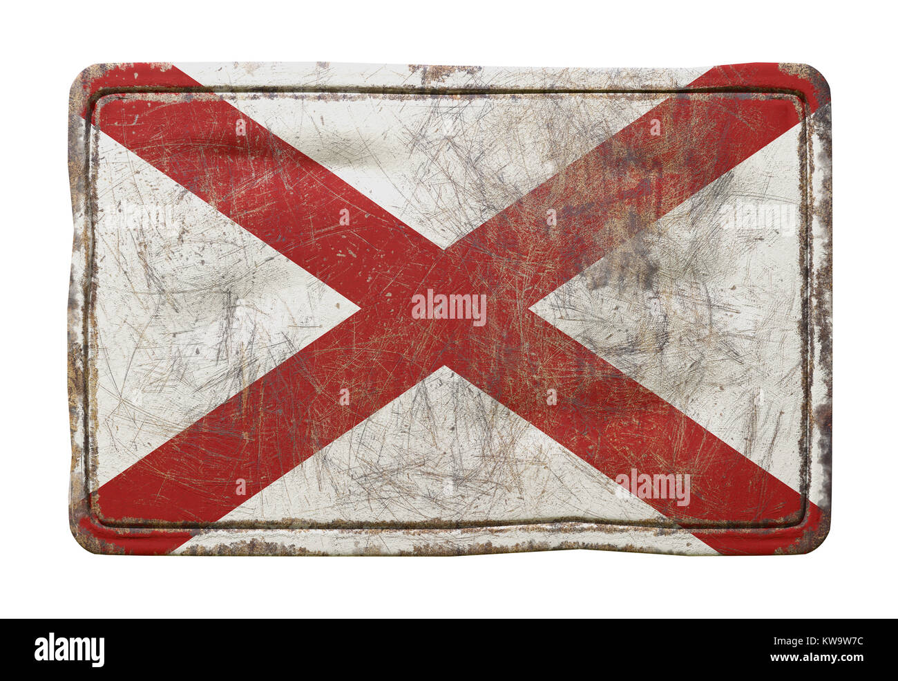 3d rendering of an Alabama State flag over a rusty metallic plate ...