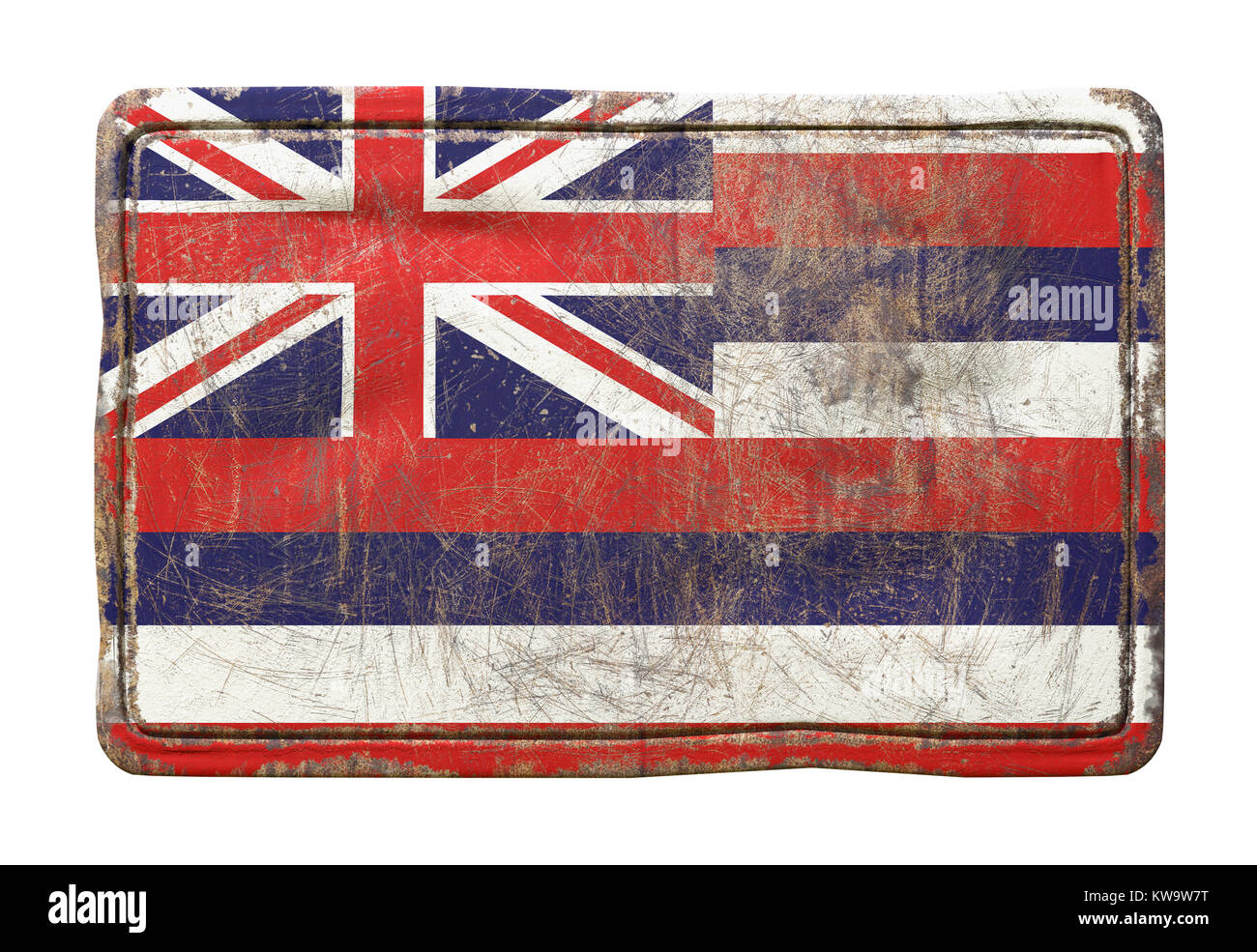 3d rendering of a Hawaii State flag over a rusty metallic plate ...