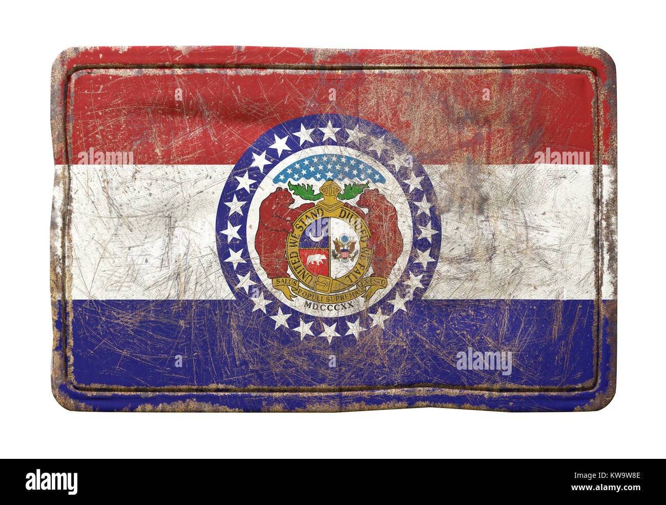 3d rendering of a Missouri State flag over a rusty metallic plate ...