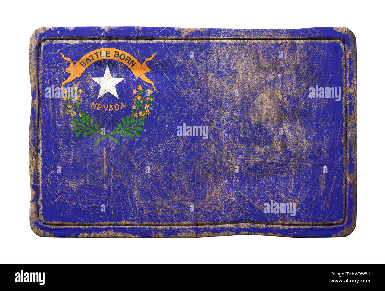 3d rendering of a Nevada State flag over a rusty metallic plate ...