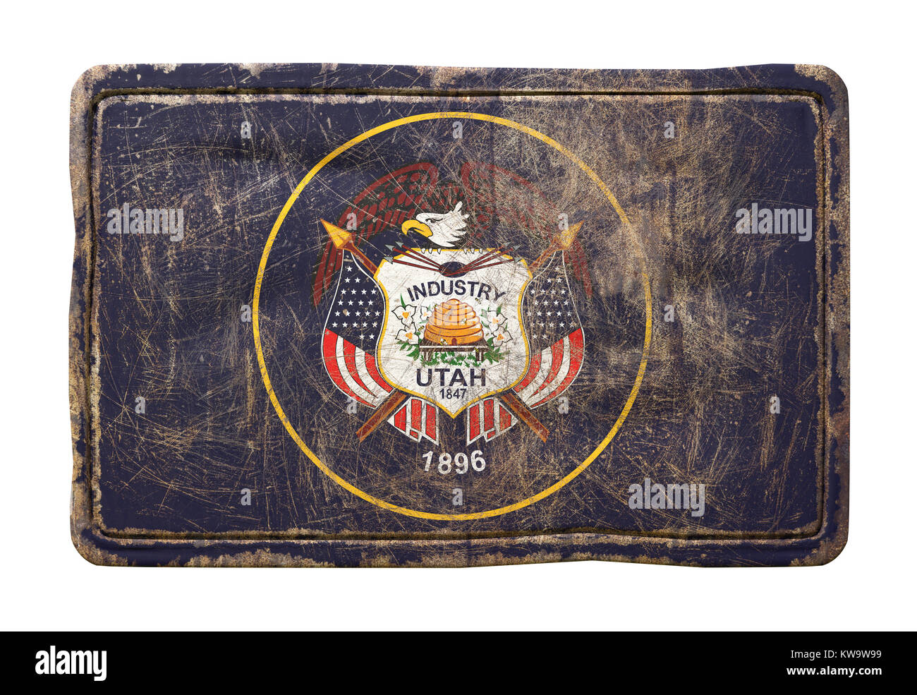 3d rendering of a Utah State flag over a rusty metallic plate. Isolated ...