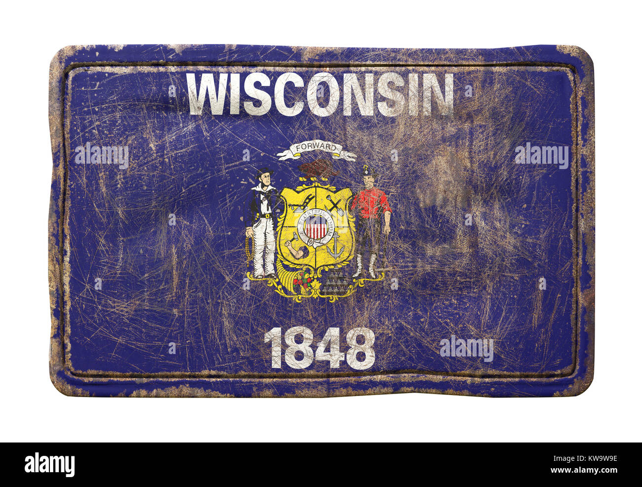 3d rendering of a Wisconsin State flag over a rusty metallic plate ...