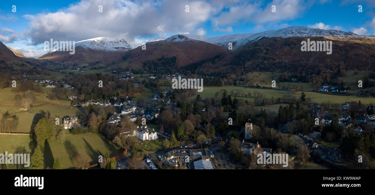 Stunning aerial view of Grasmere and the surrounding mountains in the ...