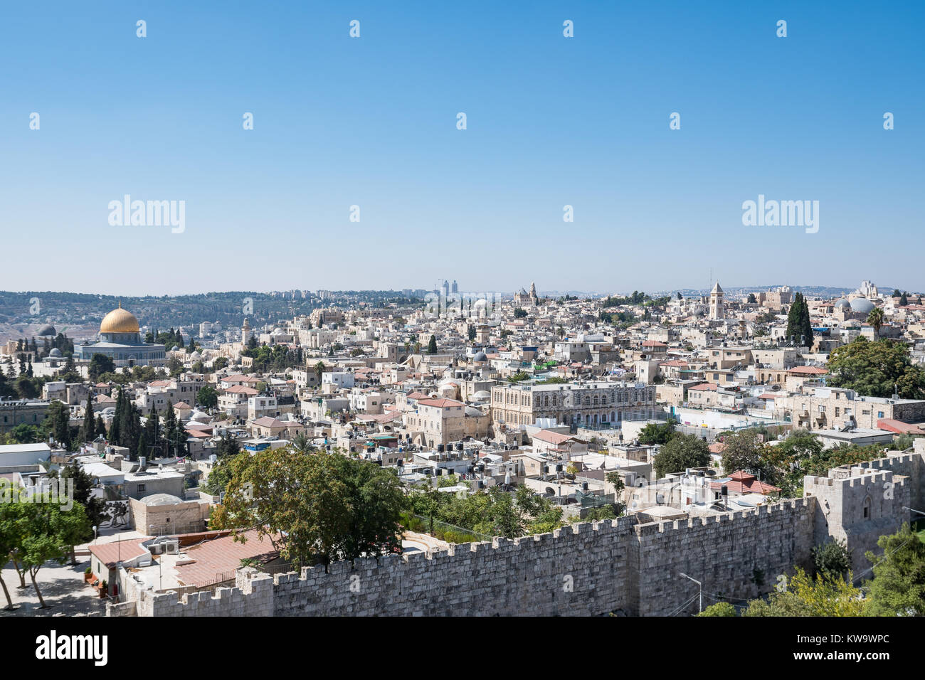 Skyline of the Old City of Jerusalem, including the city walls, Dome of ...
