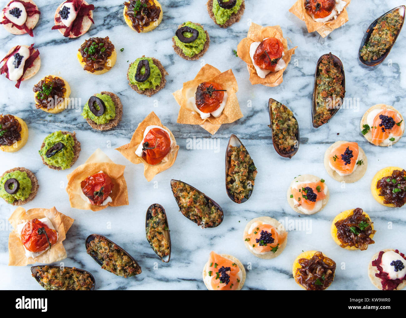 canapes in 8 rows on grey vein marble aerial Stock Photo - Alamy