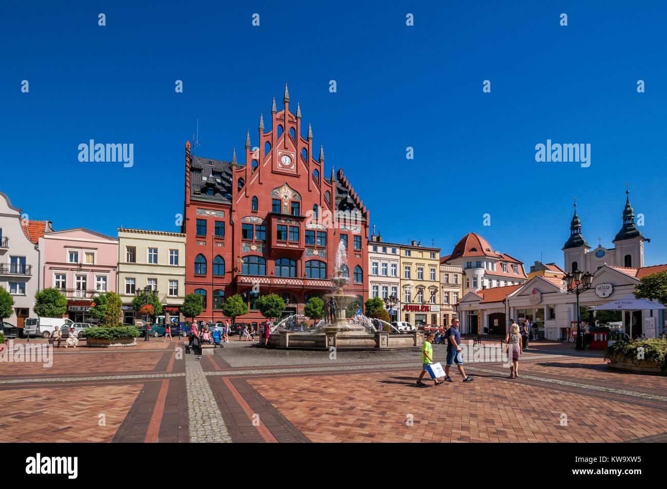 Town Hall and old tenement houses in the market square, Chojnice ...