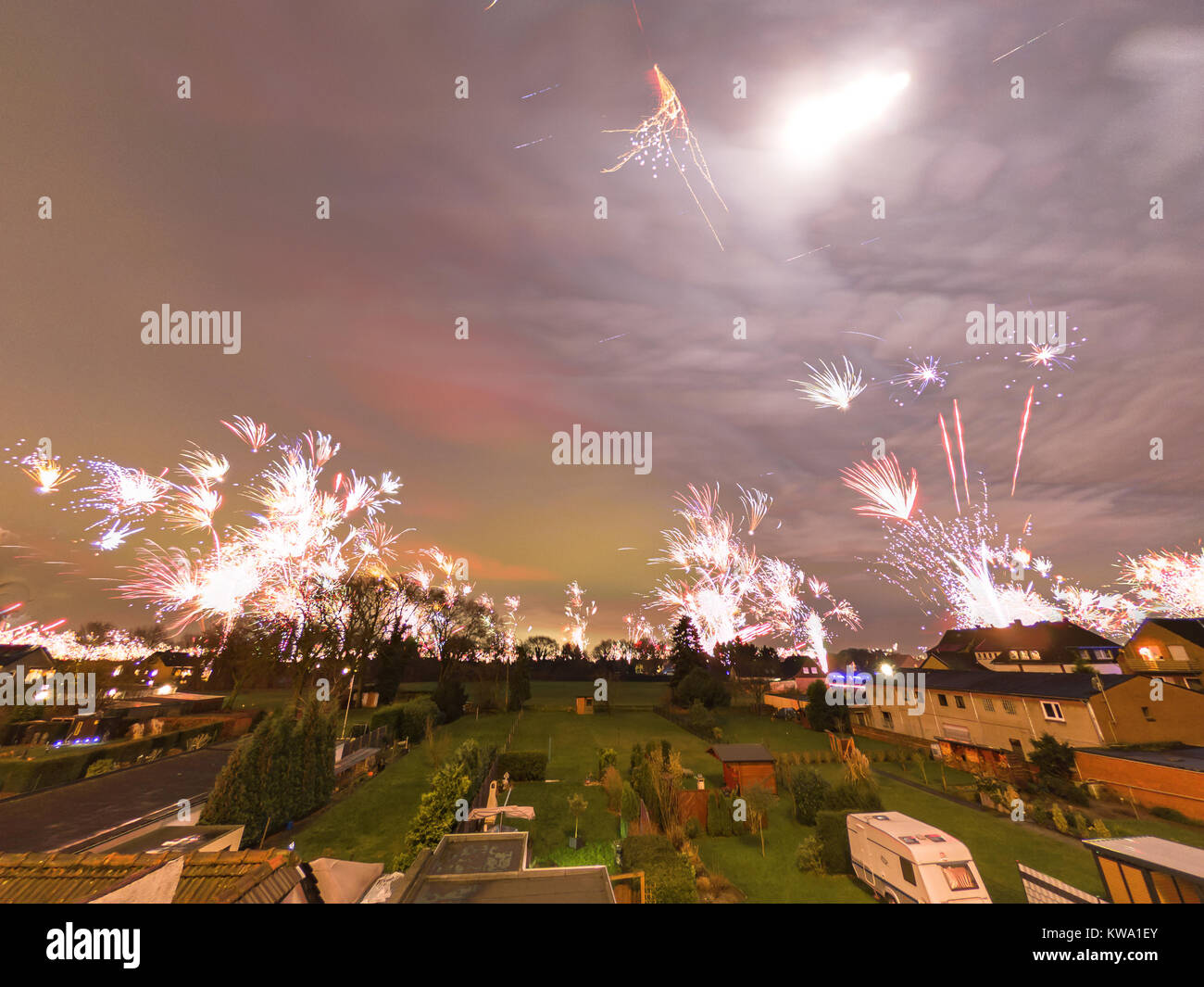 Colorful fireworks at in the suburbs of Germany, Europe - long time ...