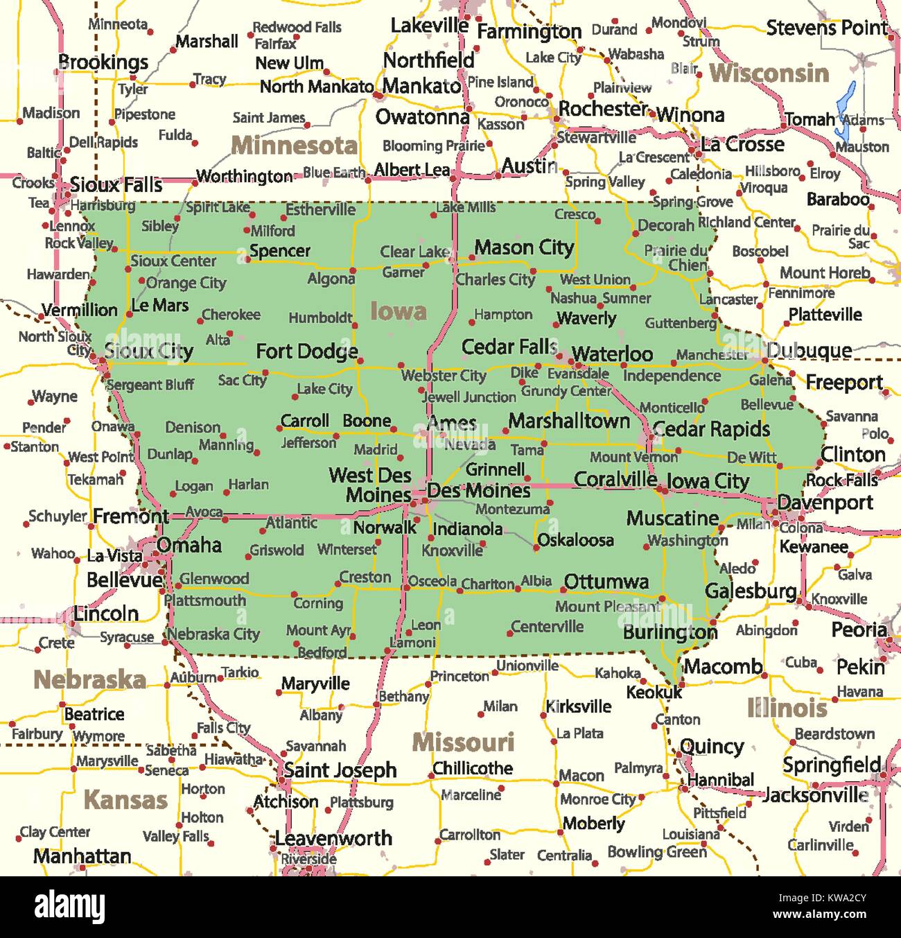 Map of Iowa. Shows country borders, urban areas, place names, roads and highways. Projection ...