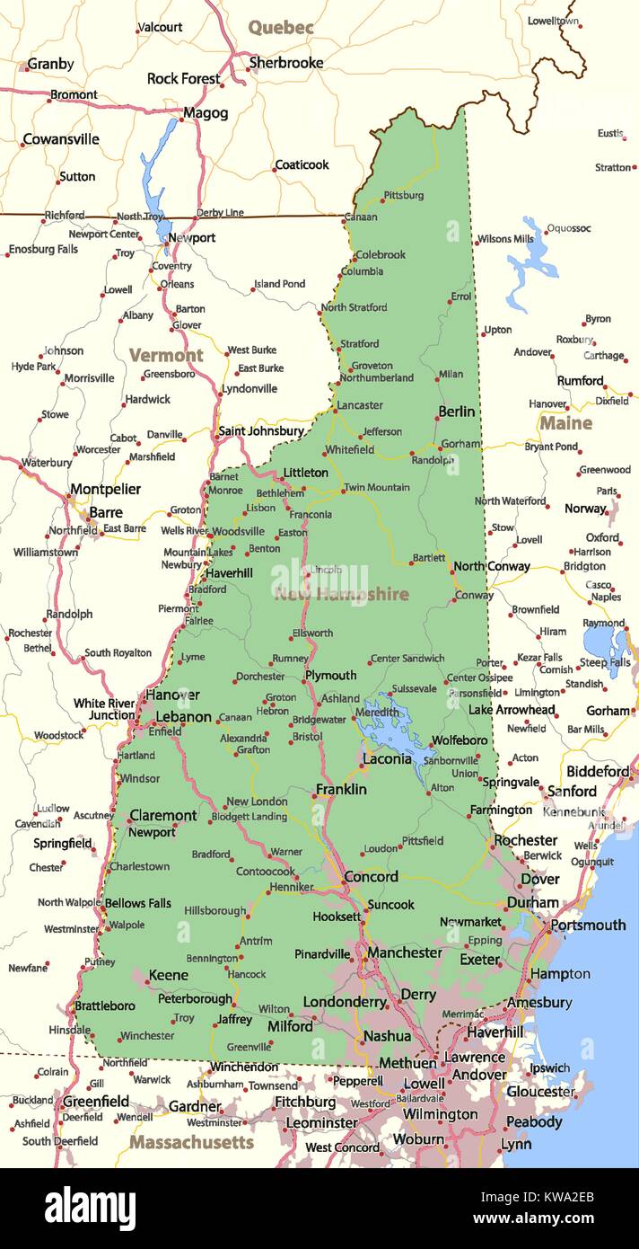 Map of New Hampshire. Shows country borders, urban areas, place names, roads and highways ...