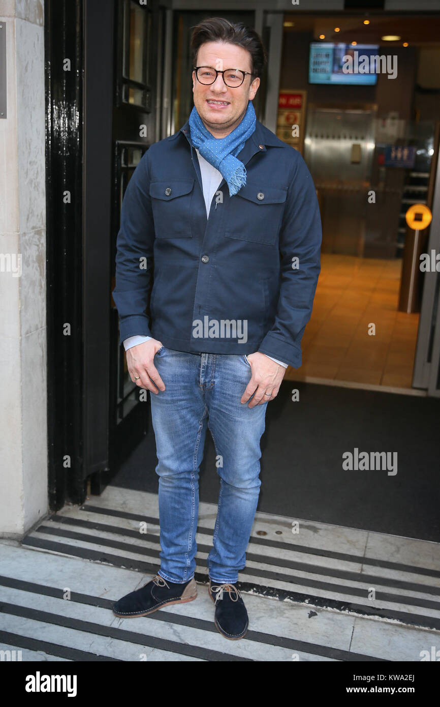 Jamie Oliver leaving BBC Radio 2 studios after appearing on Chris Evans ...