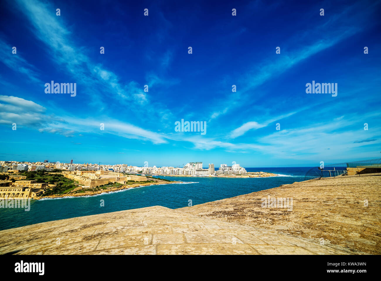 Valletta, Malta: aerial view from city walls. Marsamxett harbor and ...