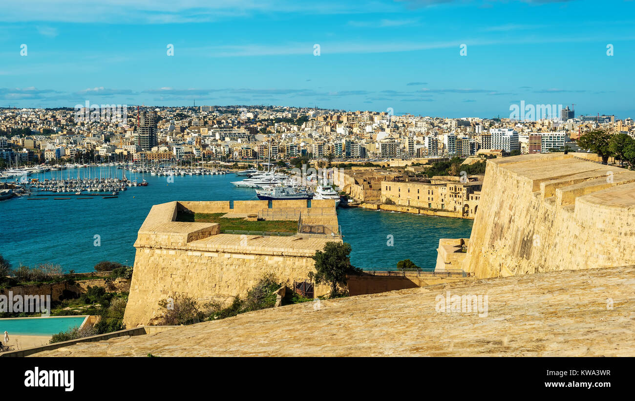 Valletta, Malta: aerial view from city walls. Marsamxett harbor and ...