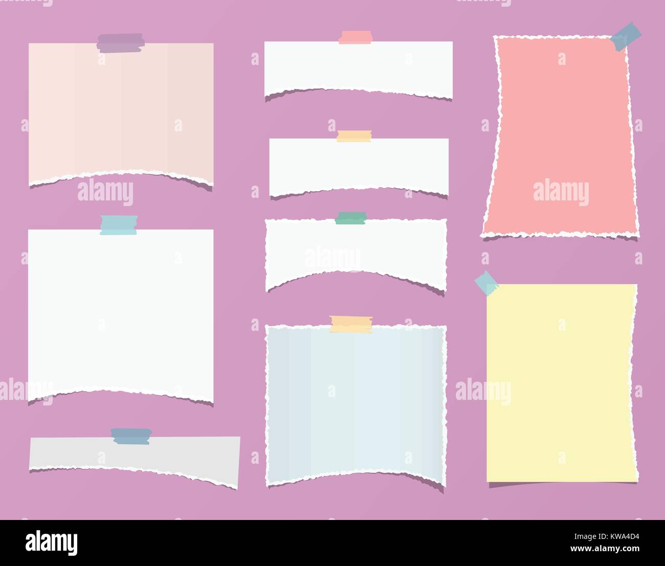 White, colorful ripped blank note, notebook paper strips for text or ...