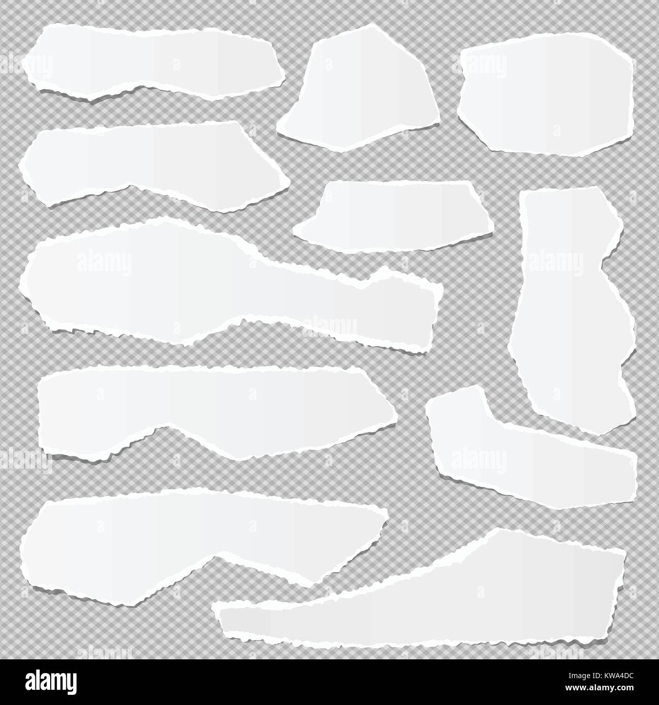 White ripped blank note paper strips for text or message stuck on gray ...