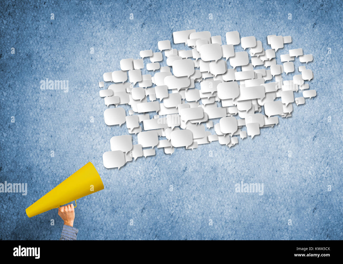 Close of man making announcement in paper trumpet Stock Photo - Alamy