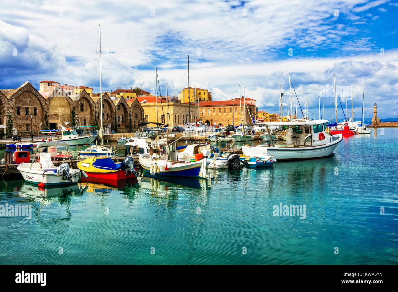 Impressive Chania town,view with marina,yachts and sea,Crete island ...
